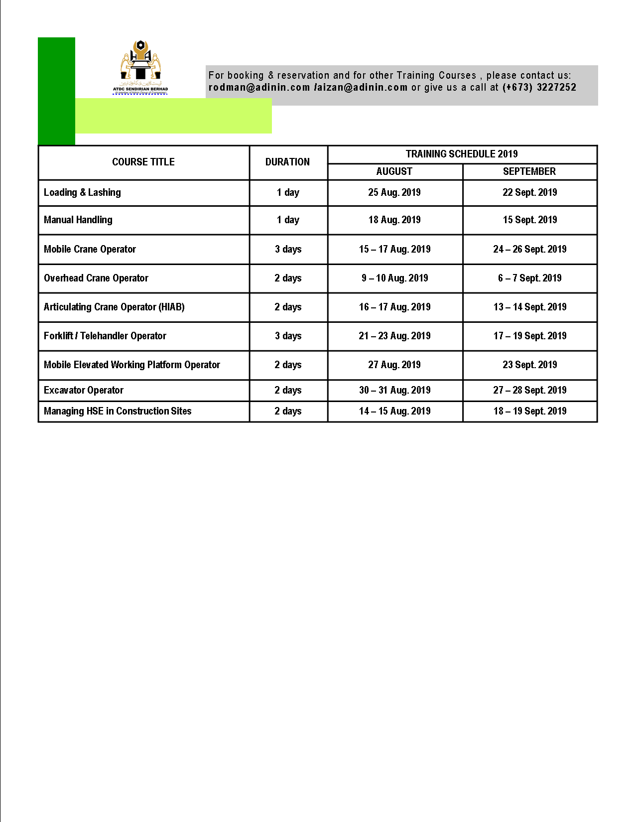 ATDC TRAINING SCHEDULES – ATDC Sendirian Berhad (A member of Adinin ...