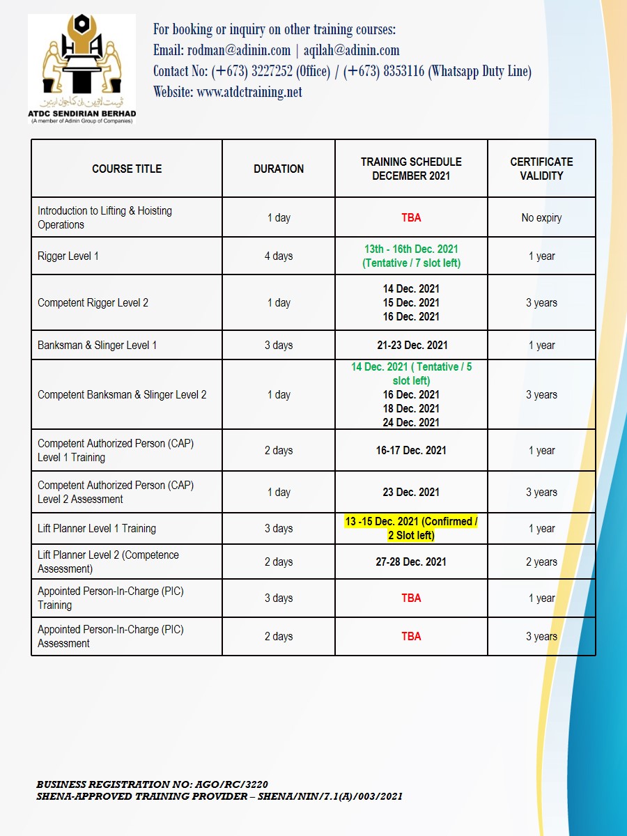 UPDATED TRAINING SCHEDULES – DECEMBER 2021 (as of 11 December 2021 ...